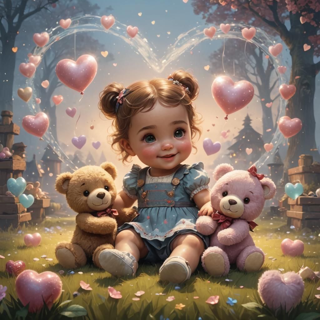 A Beautiful, Adorable, Happy, Baby Girl Playing, With Cute Teddy Bears ...