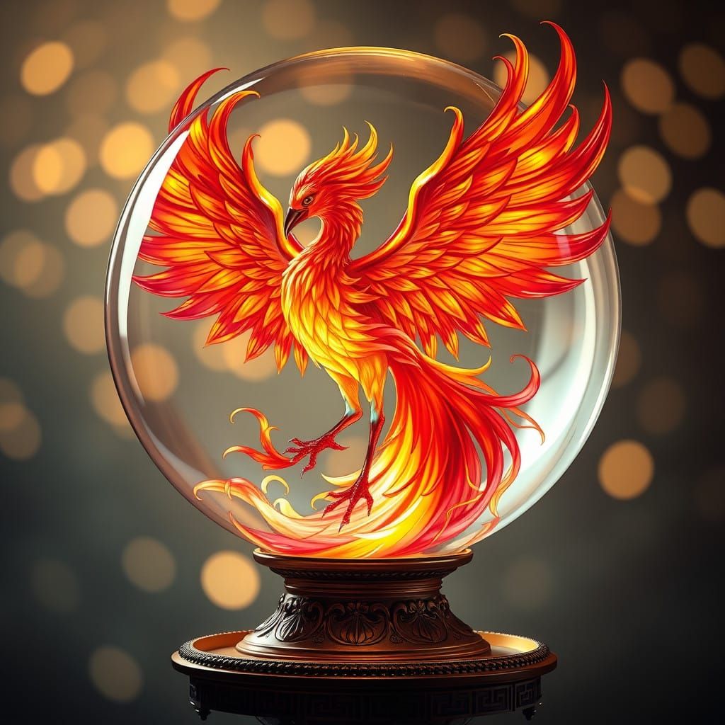 Majestic Phoenix in Glass Orb Illuminated by Warm ... - AI Art