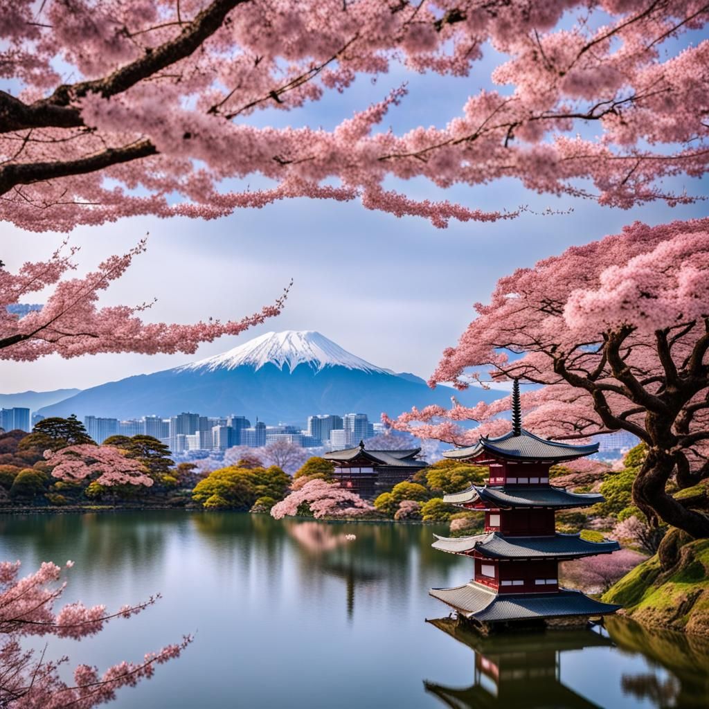 Sakura tree near lake (A) - AI Generated Artwork - NightCafe Creator