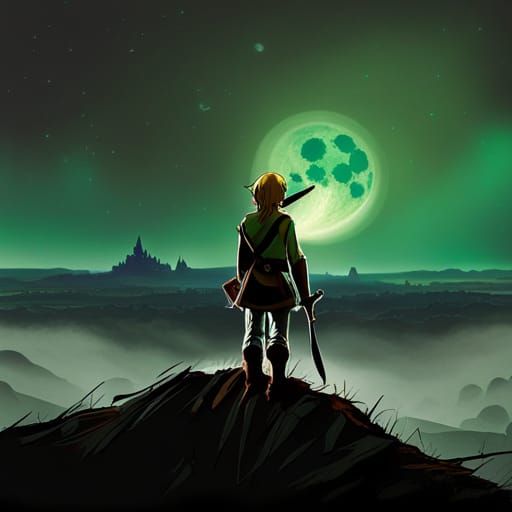 link from the legend of zelda standing on a hill looking towards hyrule ...