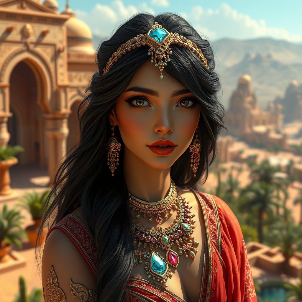 Regal Middle Eastern Goddess Adorned in Ancient De... - AI Art