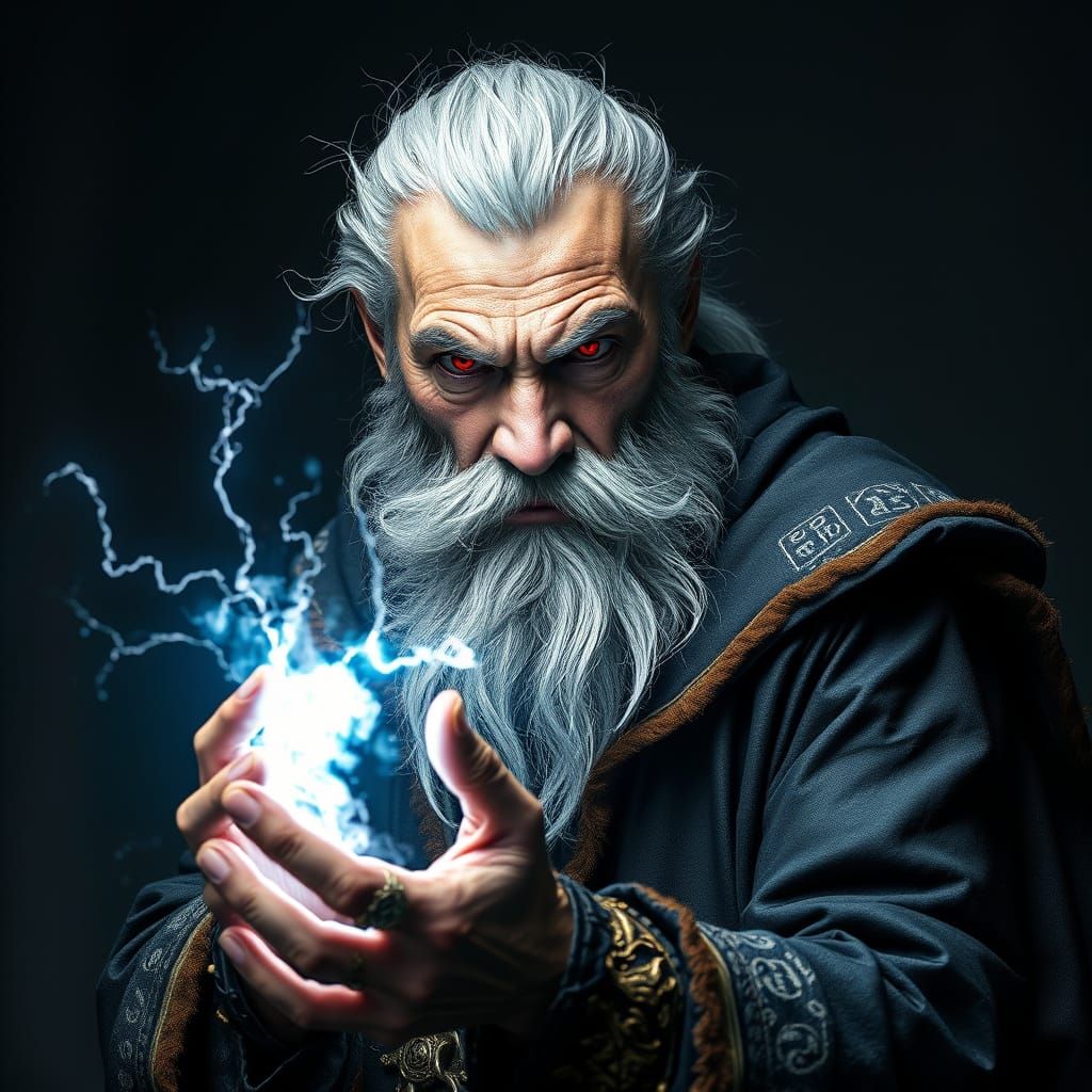 evil wizard warlord with grey beard and red lightning in his eyes ...