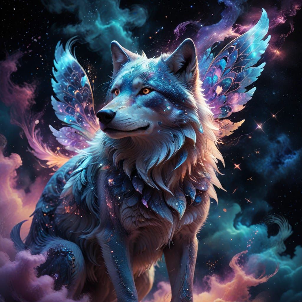 Wolf - Ethereal Wolf in Celestial Holographic Scene