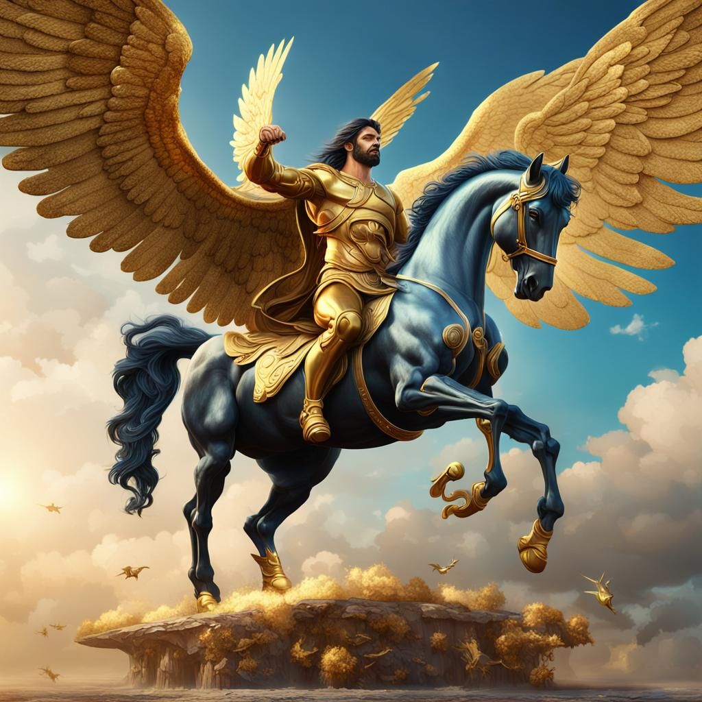 Hercules and Pegasus the flying horse with wings of gold , minimalist ...