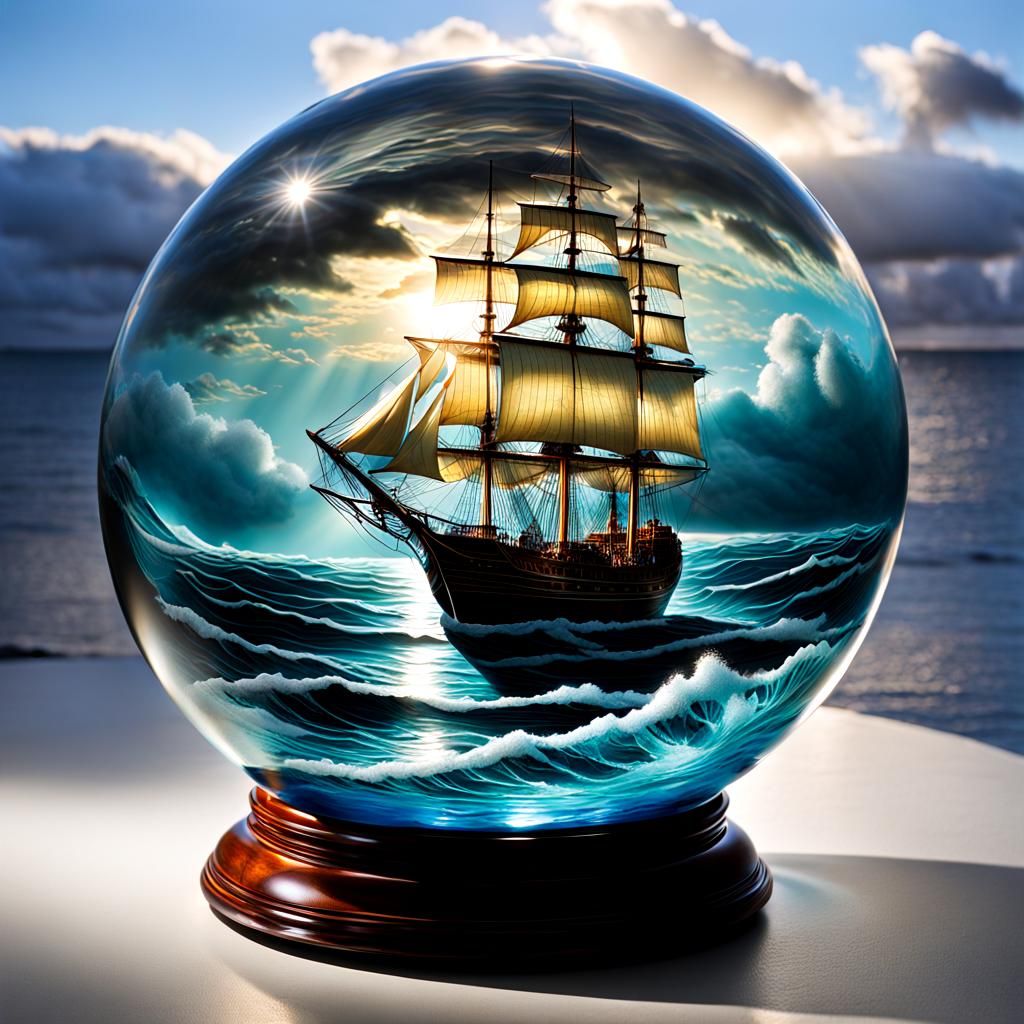 tall ship at sea in a glass sphere - AI Generated Artwork - NightCafe ...