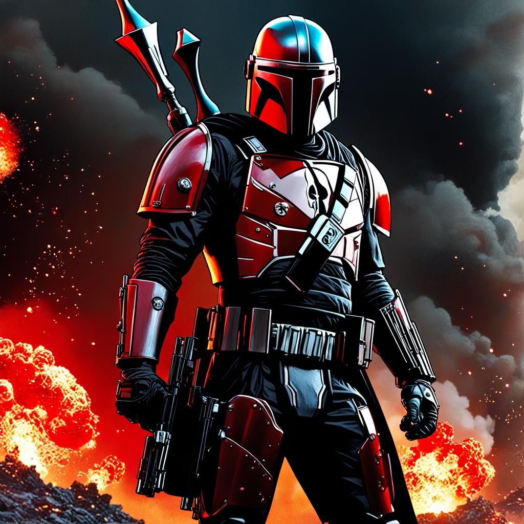 A Mandalorian Commando with black and crimson red armor, battlefield ...