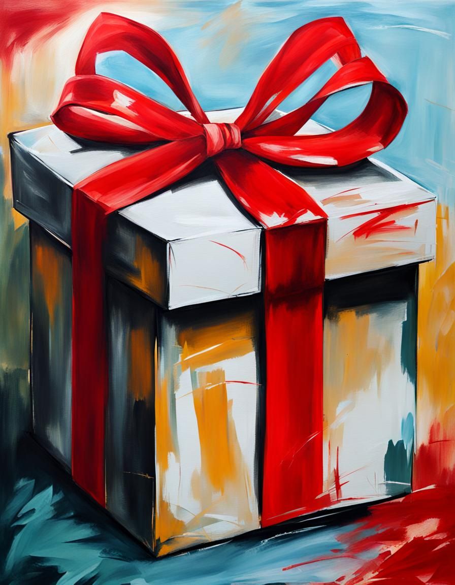 acrylic painting of a beautiful wrapped Christmas gift box with a red ...
