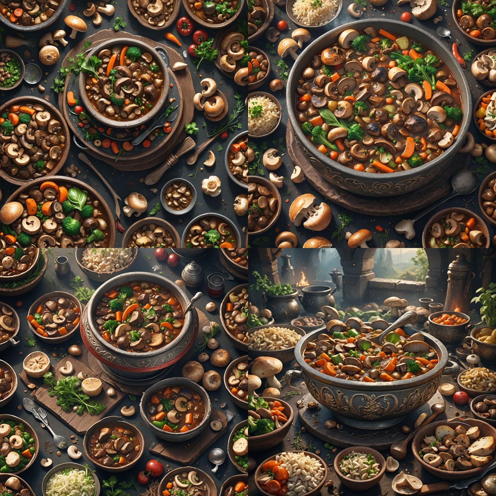 Fantasy concept art, Bowl of hearty stew with mushrooms meat and ...