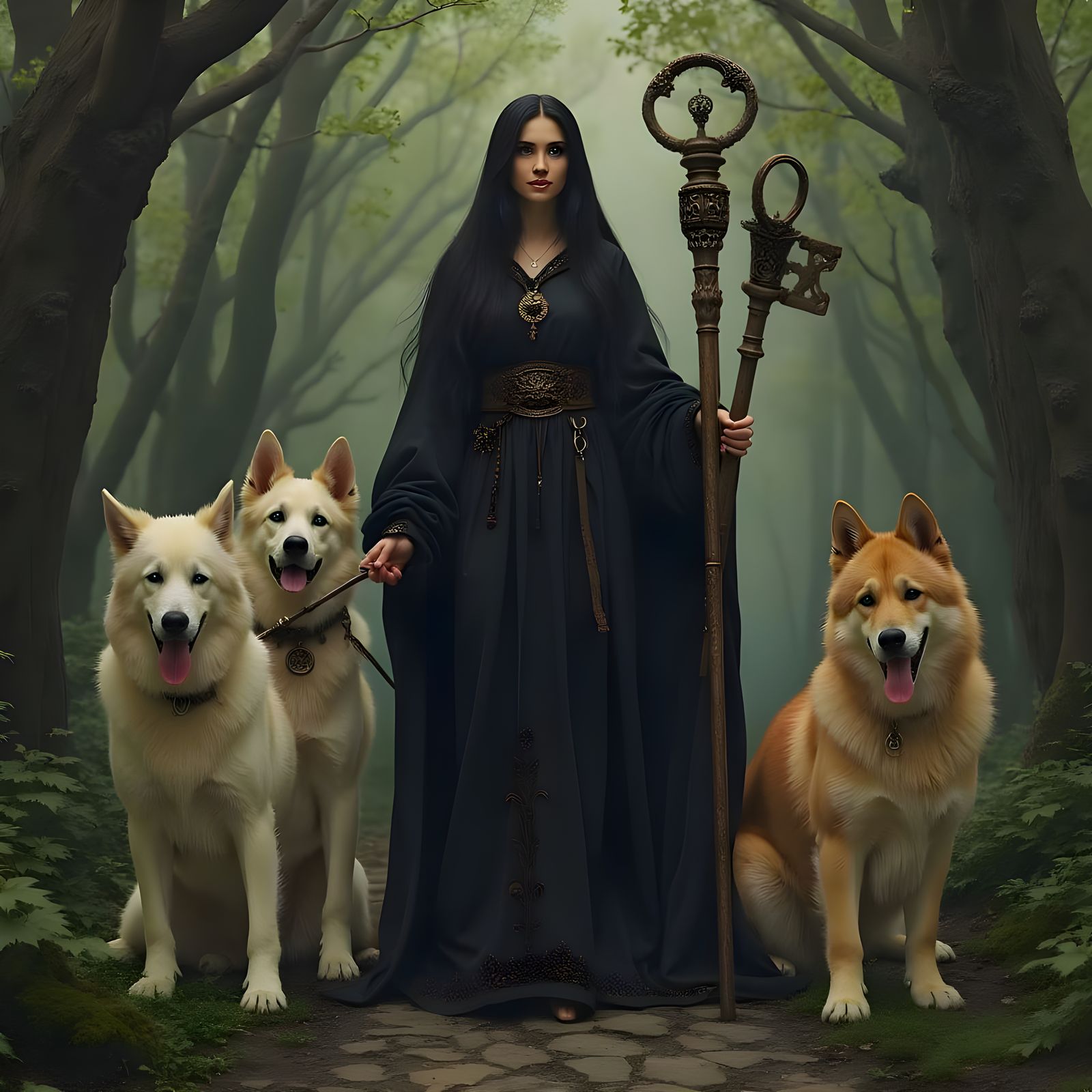 Hekate with Keys and Dogs in Mystical Forest - AI Art