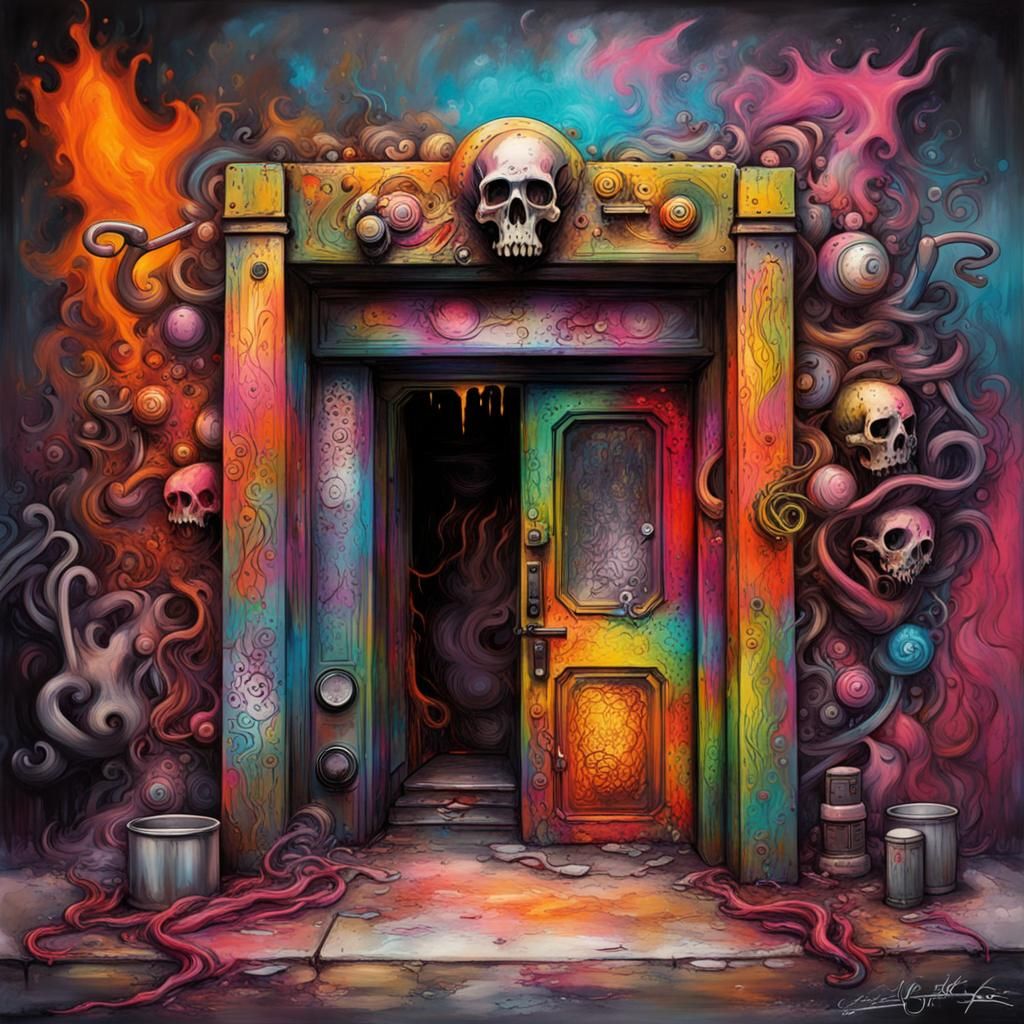 The entrance to Hell, a beautiful diesel punk, well-endowed female punk ...