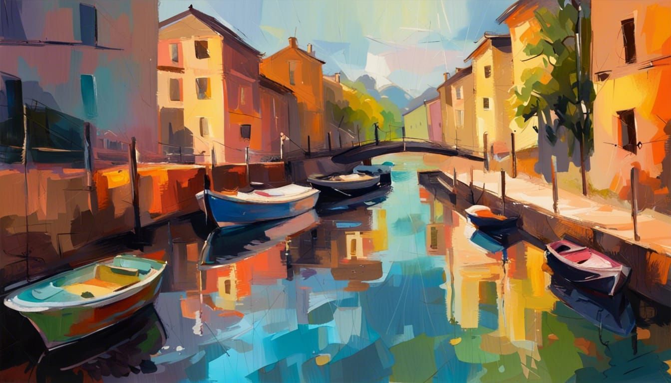Boats in the river on the background of an urban street. impressionism ...
