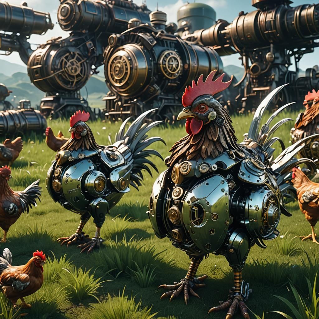 Cyborg chickens in the lush green field - AI Generated Artwork ...