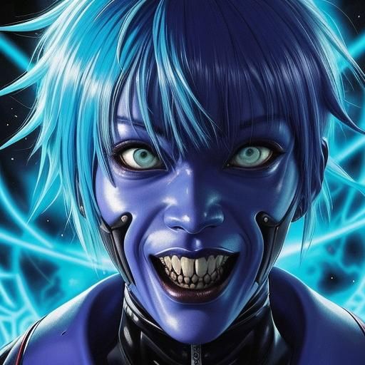 Close up of a person with blue hair and monstrous face, cyberpunk art ...