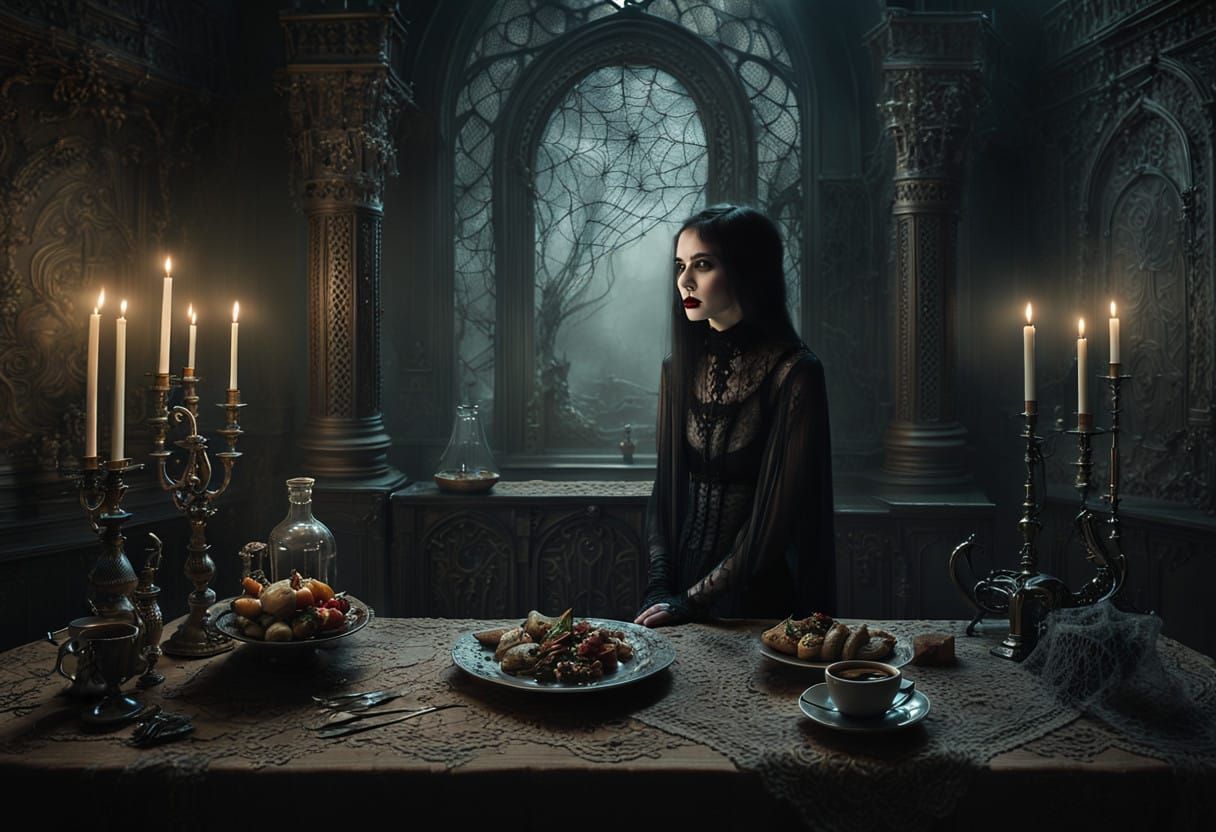 Gothic Elegance in a Dark Coffee Lair - AI Art