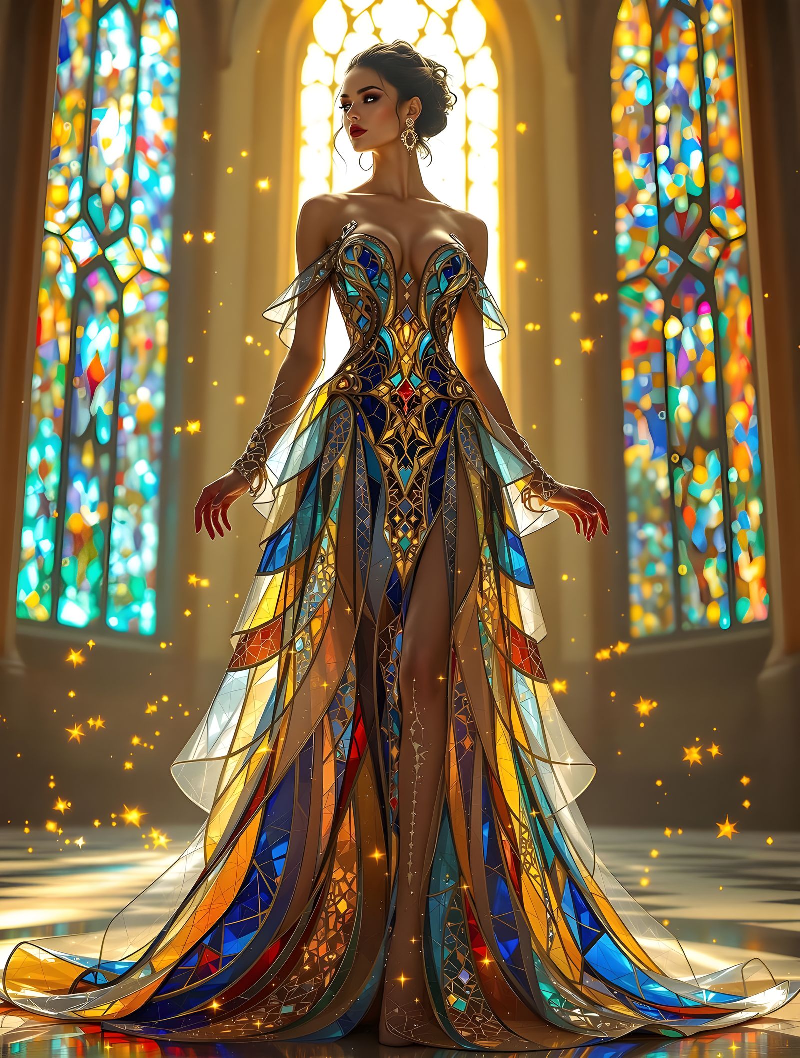 Create an epic stained glass fashion scene with dramatic backlighting ...