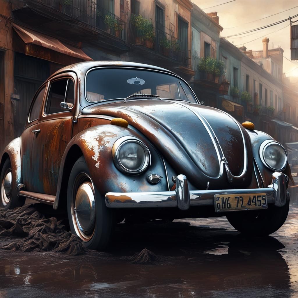 vw beetle, rusty, chrome bumpers dented, bumps and dings in dull paint ...