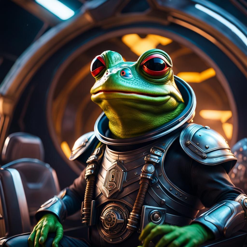 Pepe Kek the frog god 🐸 dressed in regal space armour in a futuristic ...
