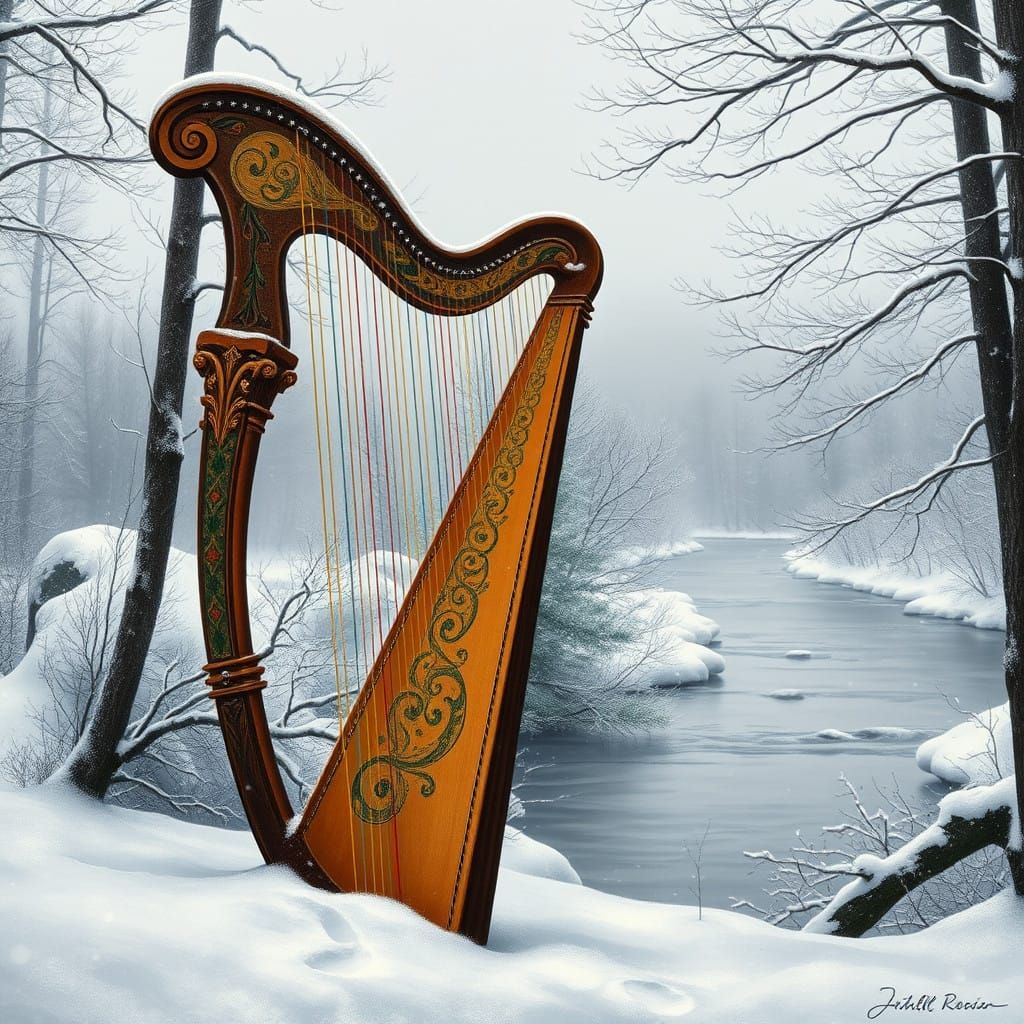 Si - Ethereal Ancient Irish Harp in Winter Pine Forest