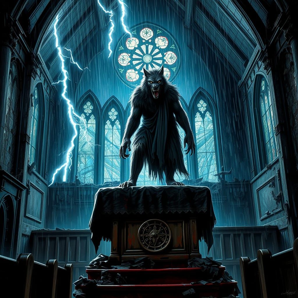 Werewolf in Abandoned Church, Shrouded in Lightnin... - AI Art