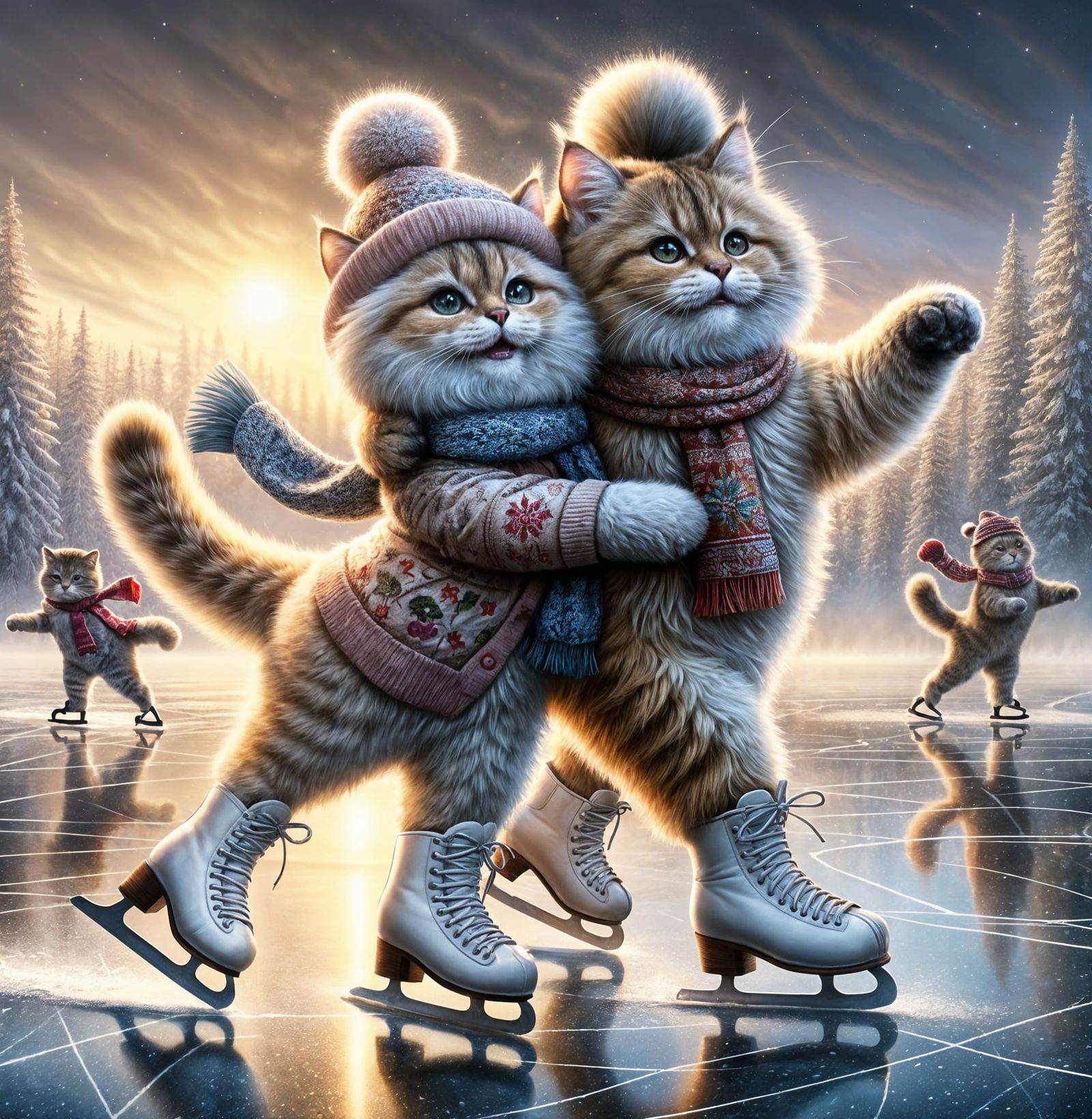 Ice-Skating Cat Couple - Charming Feline Winter Wonderland S...