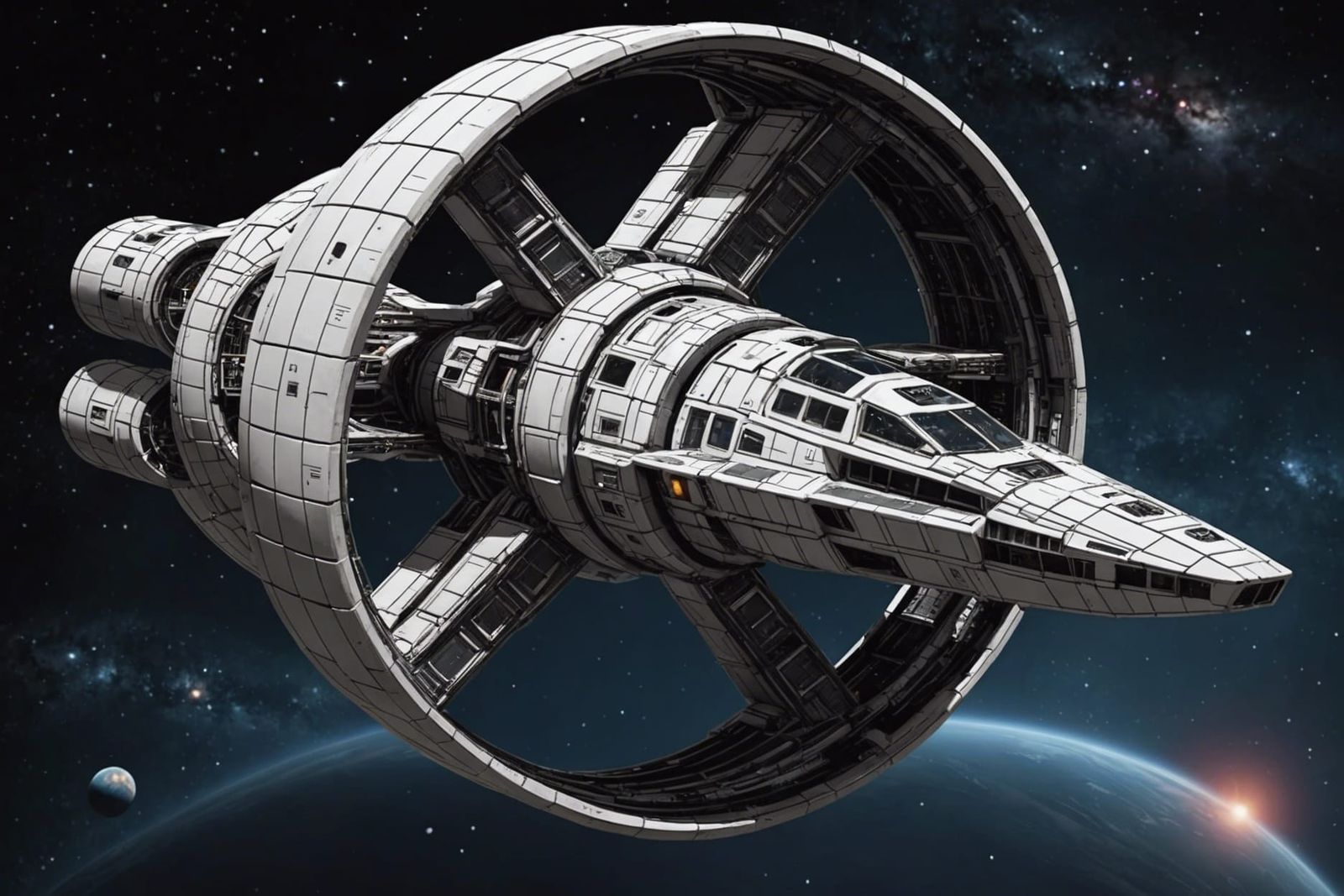 wheel shaped deep space freighter. old. rough. - AI Generated Artwork ...
