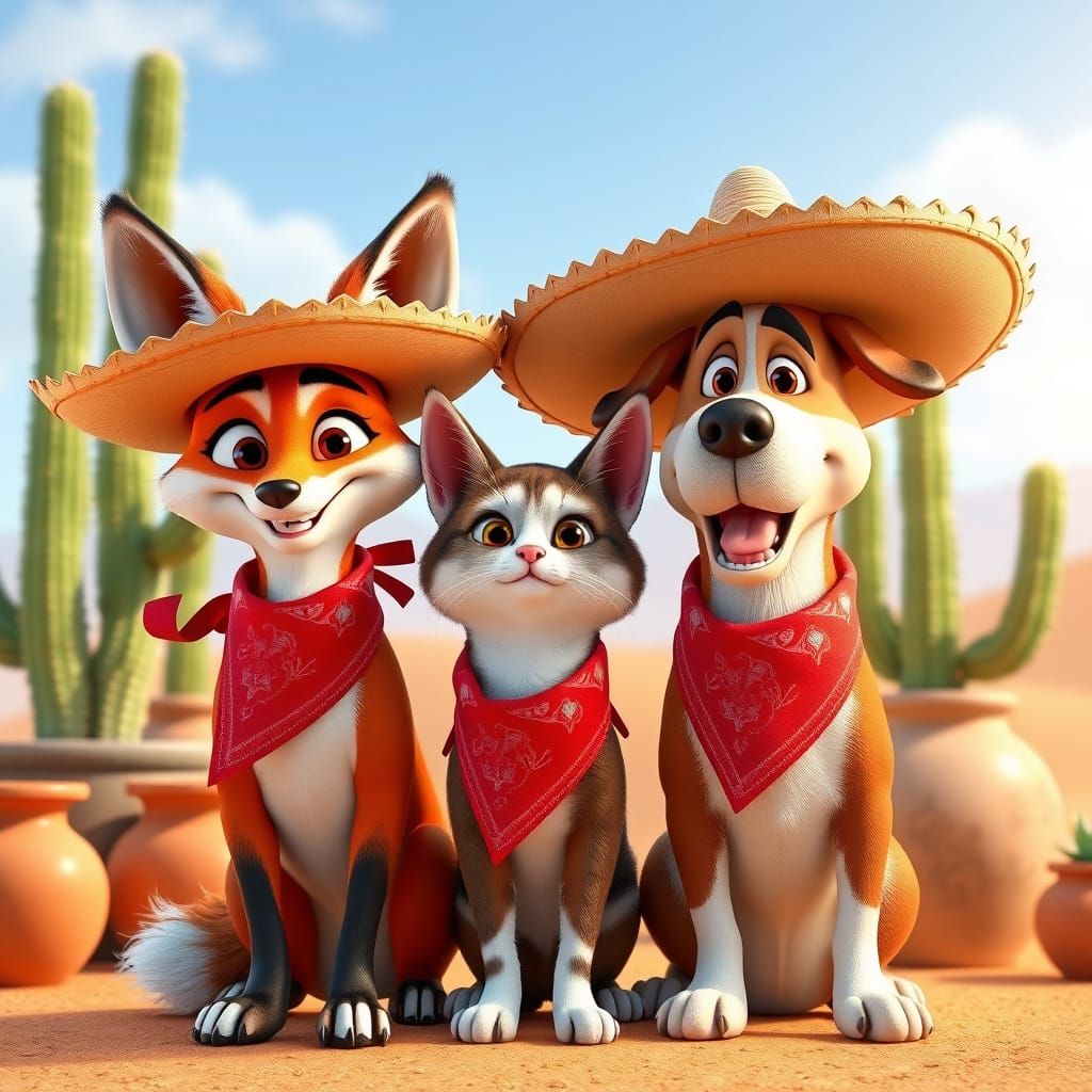 {Animals in Sombreros} : Three cartoon creatures, a fox, a cat, and a ...