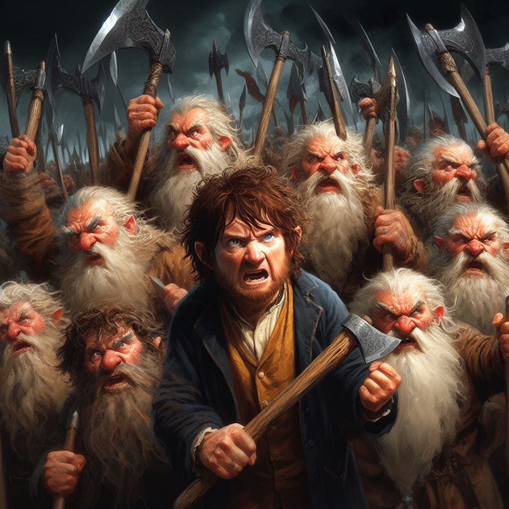 Bilbo leading an army of dwarves - AI Generated Artwork - NightCafe Creator