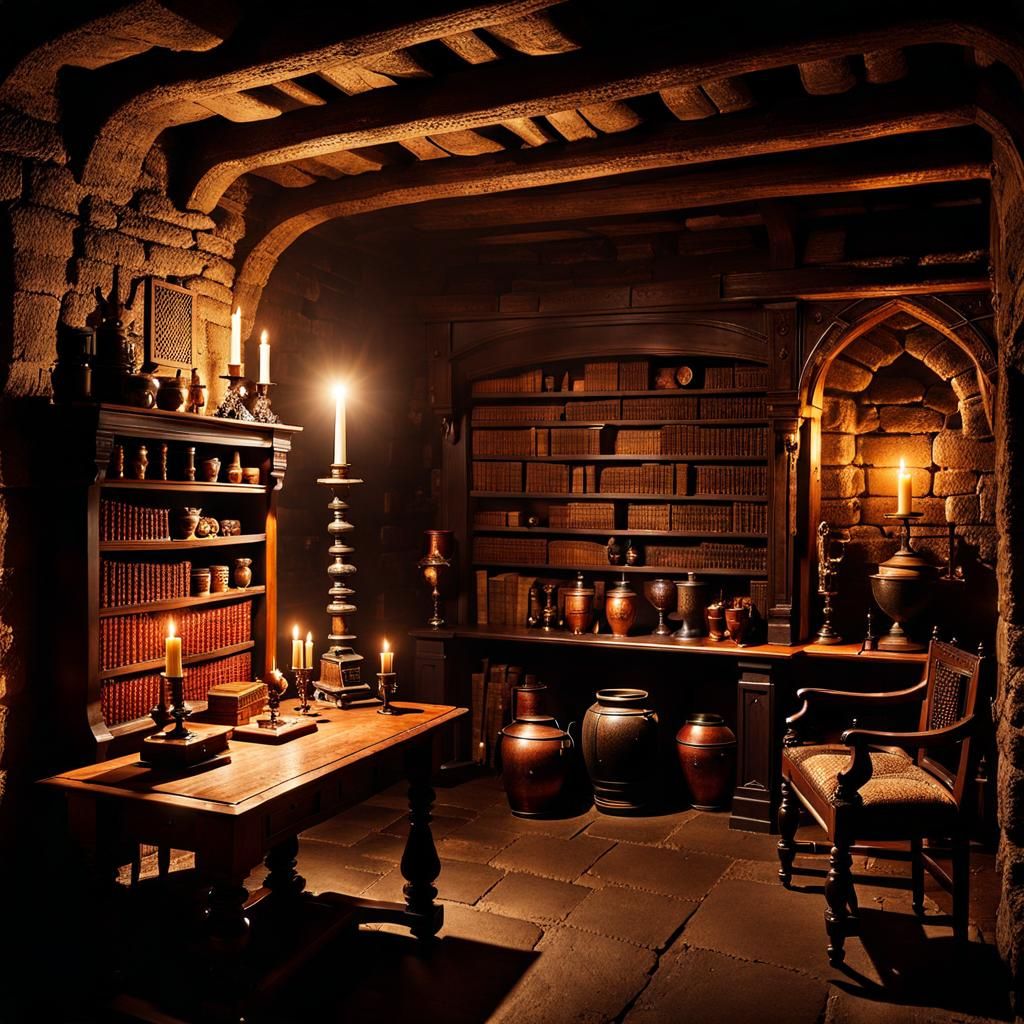 Intriguing scene of showcasing the dimly lit chamber of medieval lair ...