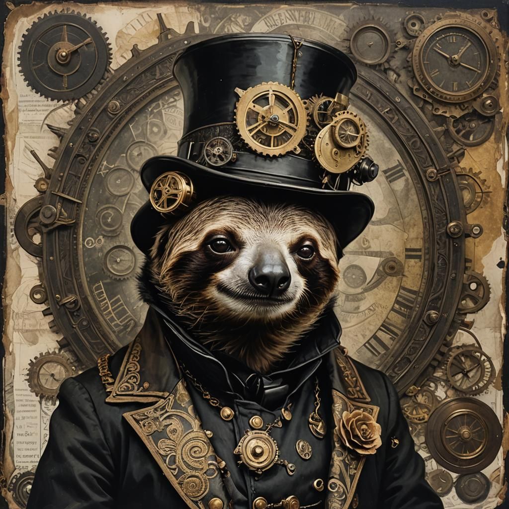 portrait, SLEEPY STEAMPUNK SLOTH, creepy, goth, mixed media collage ...