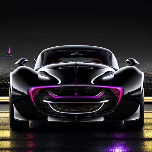A chrome, sleek, hyperfuturistic car with black and fuschia filigree ...