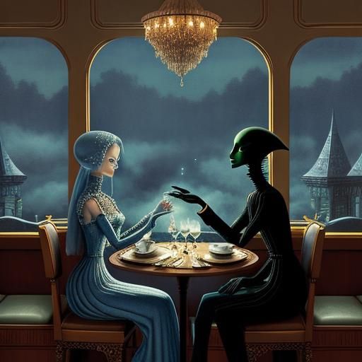 Two aliens on a date in a fancy restaurant, by Edward Gorey - AI ...