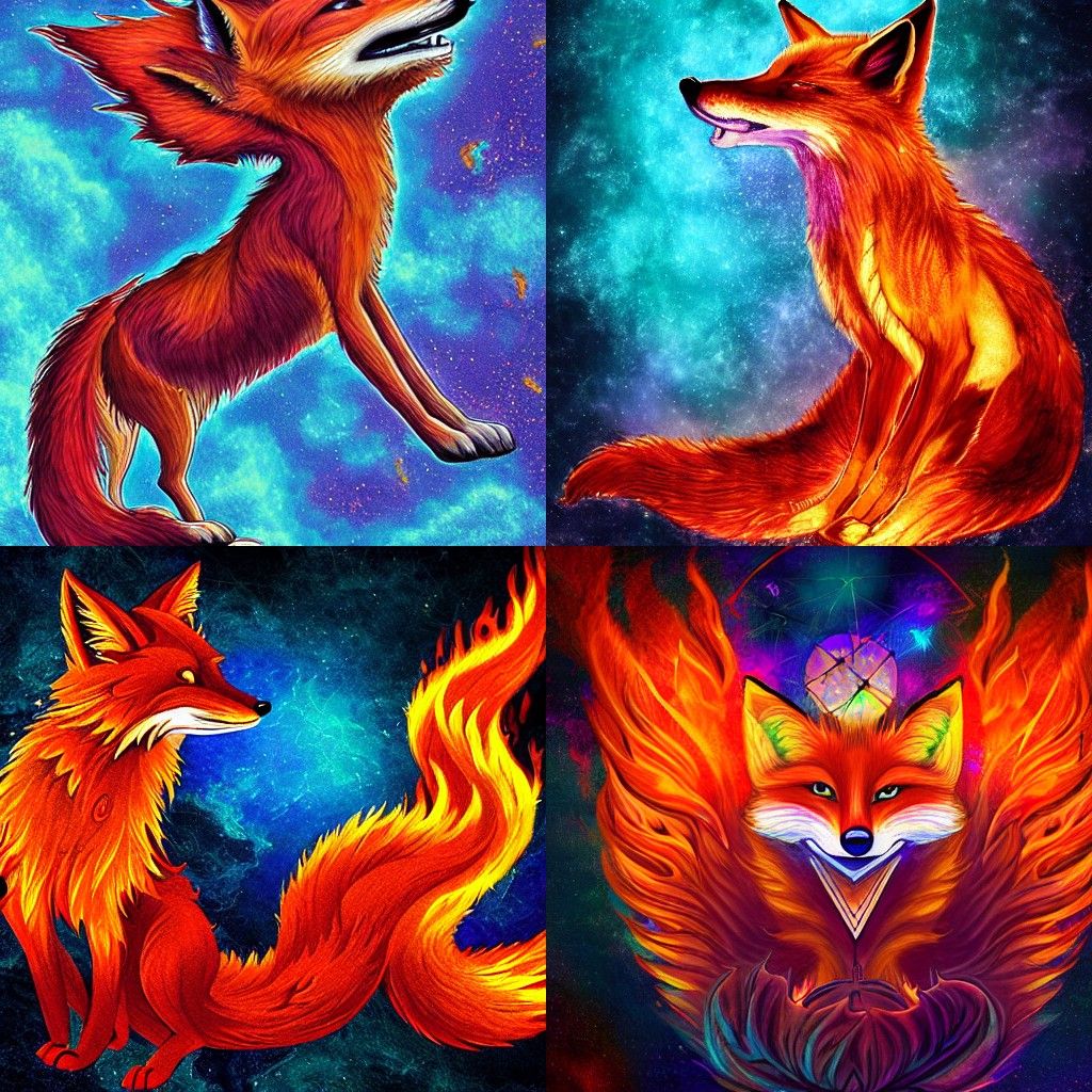 A flaming fox with the body of a man with magic tattoos casting spells ...