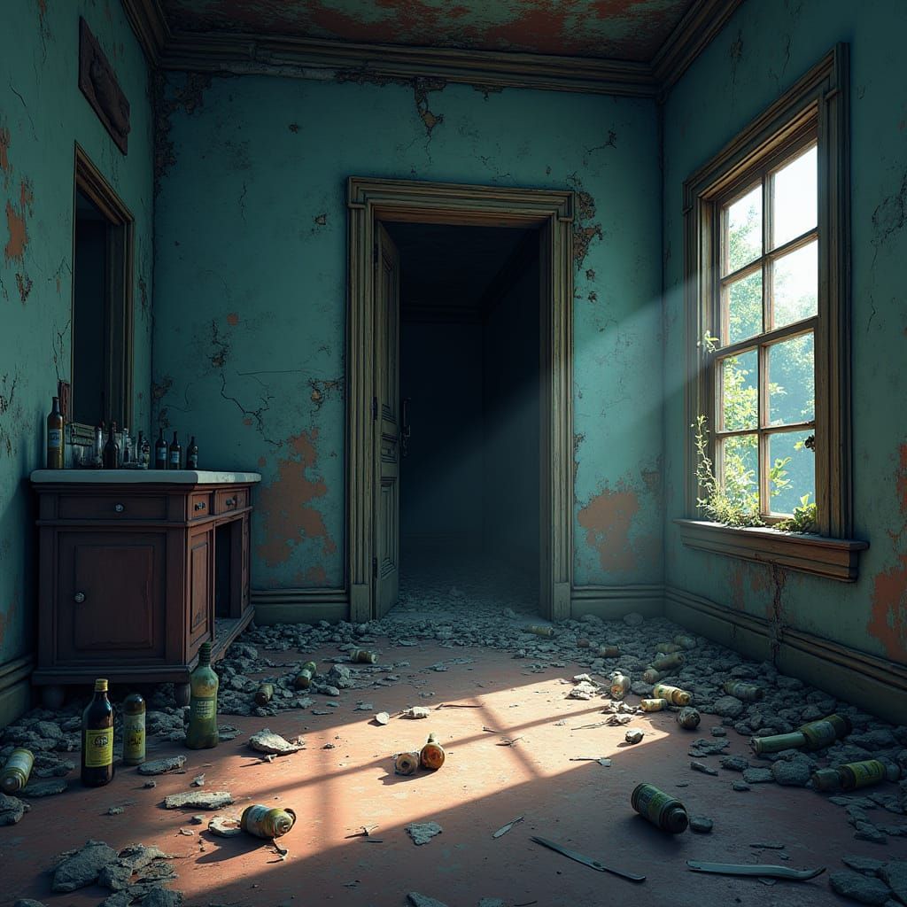 angry alcholic house - Tormented Abode in Eerie Anime Style