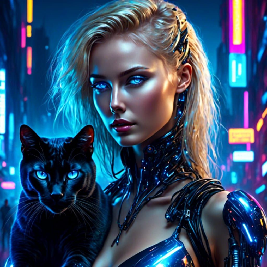 cyberpunk humanoid with a black cat - AI Generated Artwork - NightCafe ...