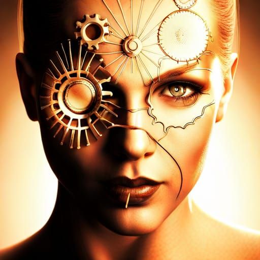 extremely attractive woman face with clockwork gears showing through ...