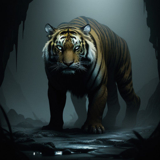 Riddick Stands in a Dimly Lit Cave with a Tiger - AI Art