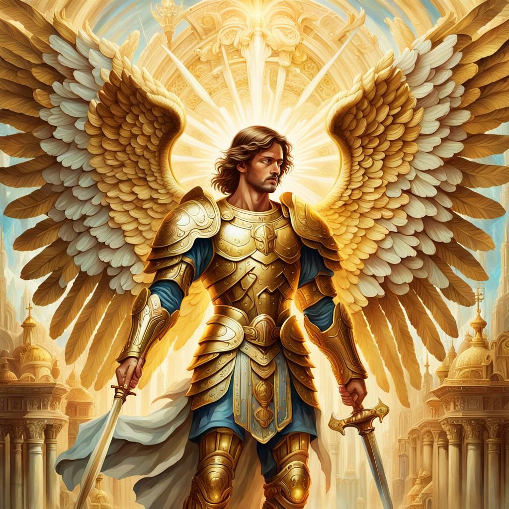 sky magic vintage holy beautiful archangel michael in golden armour ...