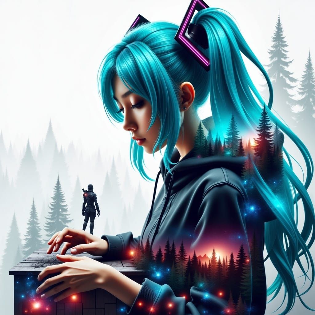 Surreal Digital Art of Hatsune Miku Building in Fo... - AI Art