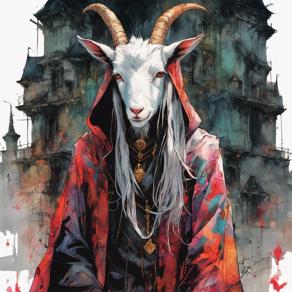 DMT; long haired Goat wizard; outside a farm; gothic castle; a full ...