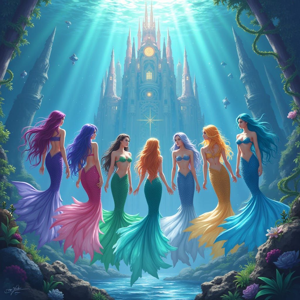Underwater city fantasy dream land with different beautiful mermaids in ...