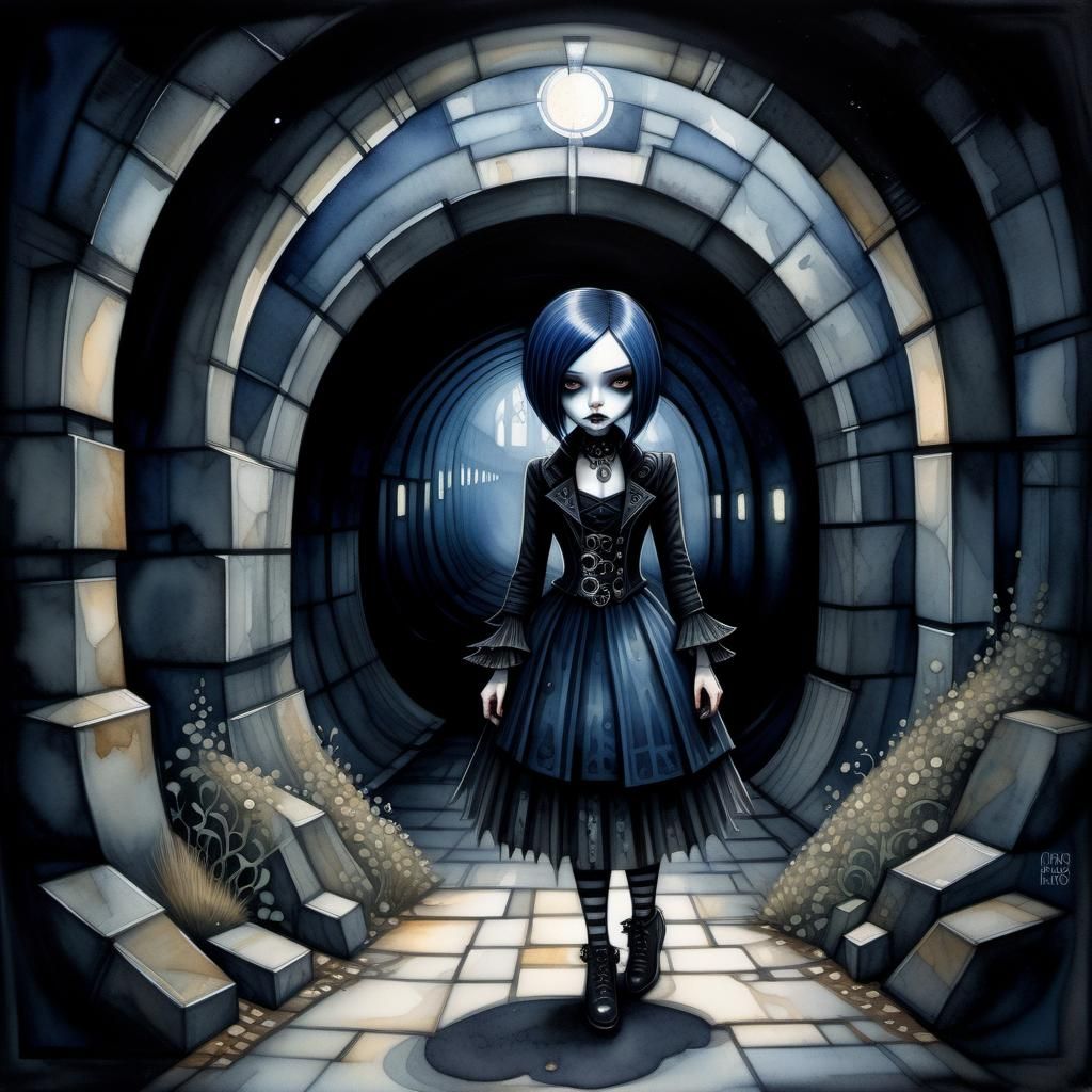 moody, dark Insanely detailed watercolor painting of a goth punk girl ...