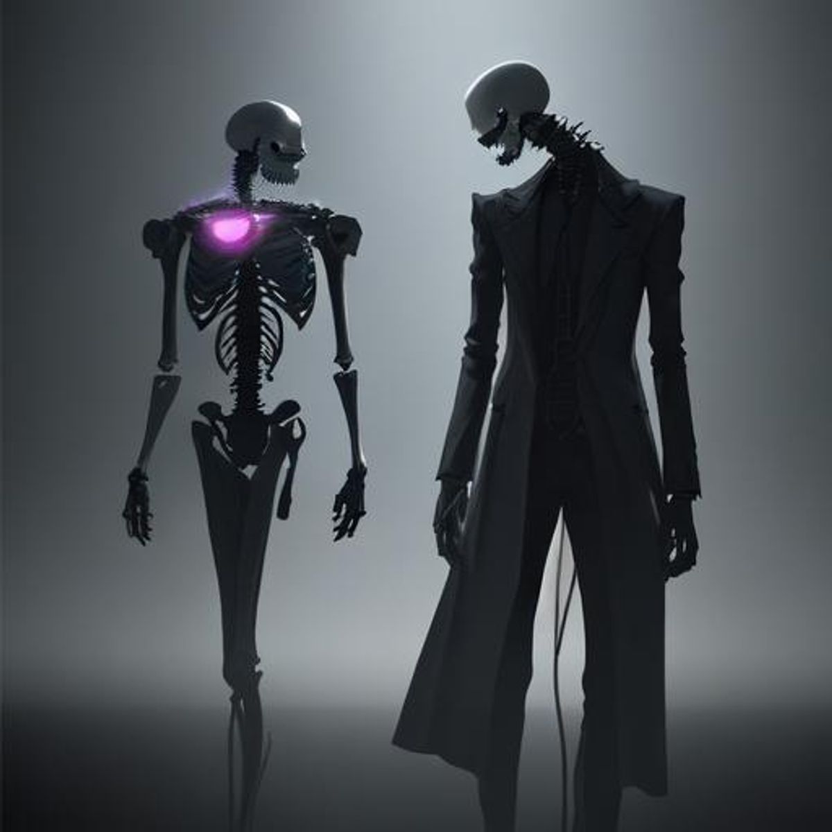 A side view of a tall, thin skeleton gentleman in a lab coat staring at ...