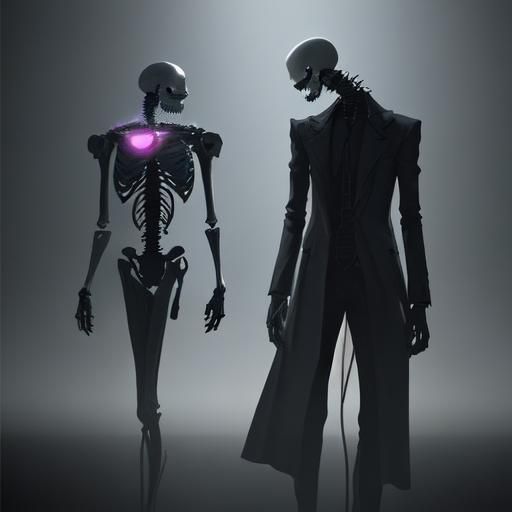 A side view of a tall, thin skeleton gentleman in a lab coat staring at ...