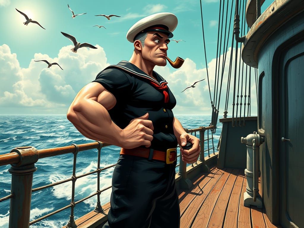 A muscular, Popeye wearing his iconic sailor hat, and his pipe in his ...