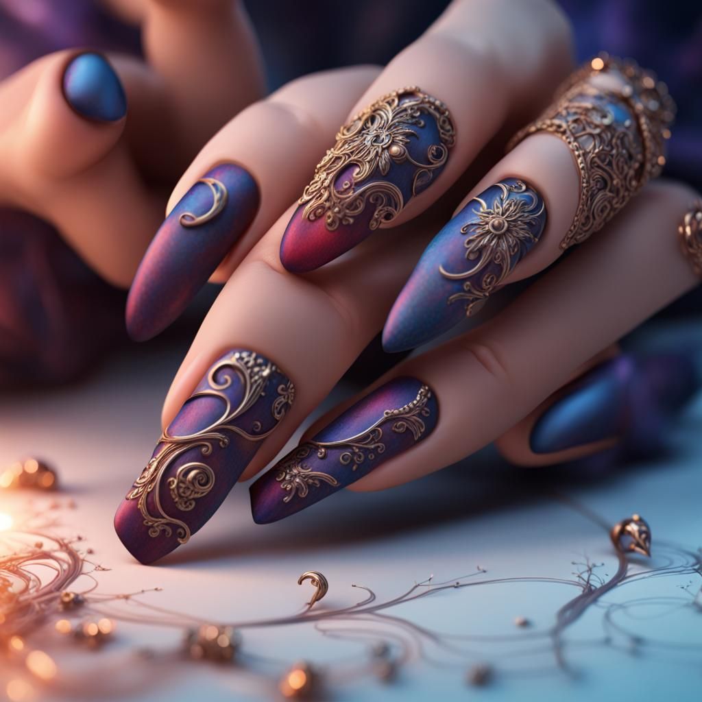 the hands with beautiful long nail art design. On a romantic background ...