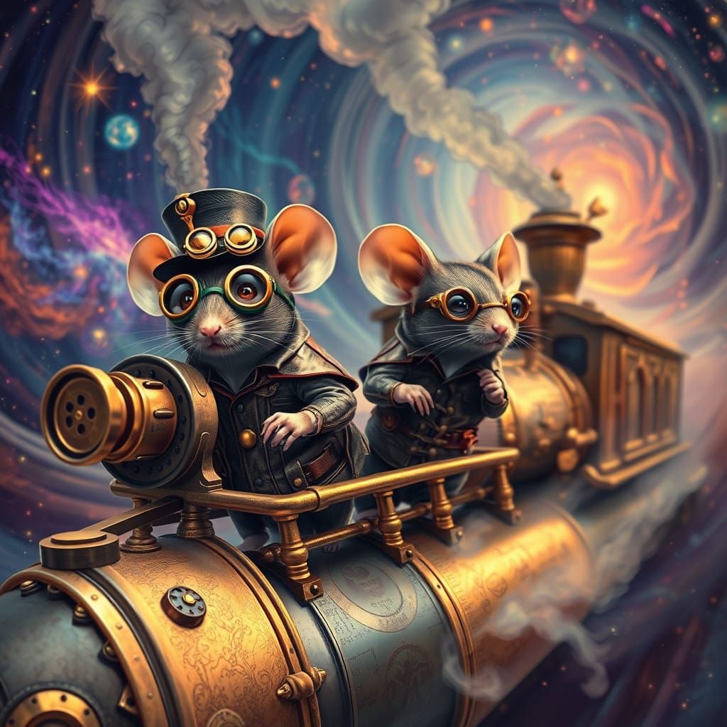Mice in Steam Punk Attire Drive a Celestial Steamp... - AI Art