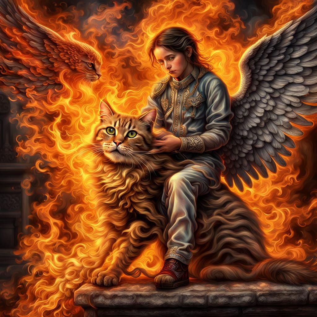 Flaming angel holding a flaming pet cat, flames, smoke, intricate ...
