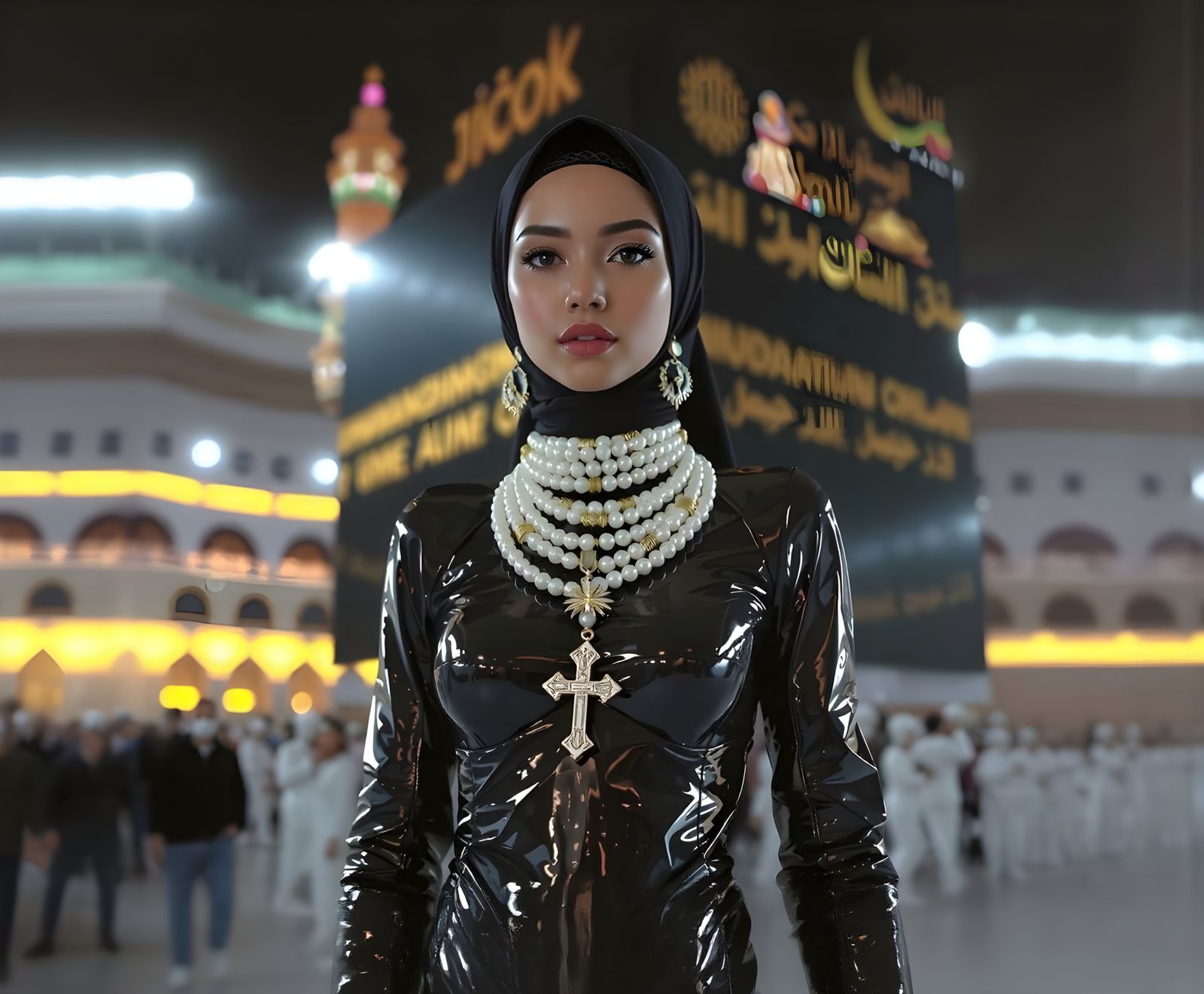 Person in Hijab with Pearl Chain at the Kaaba - AI Art