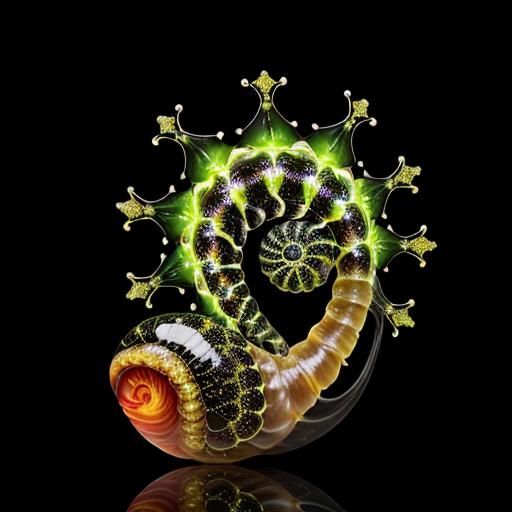 Transparent glass snail-shell filled with bioluminescent fractal plants ...