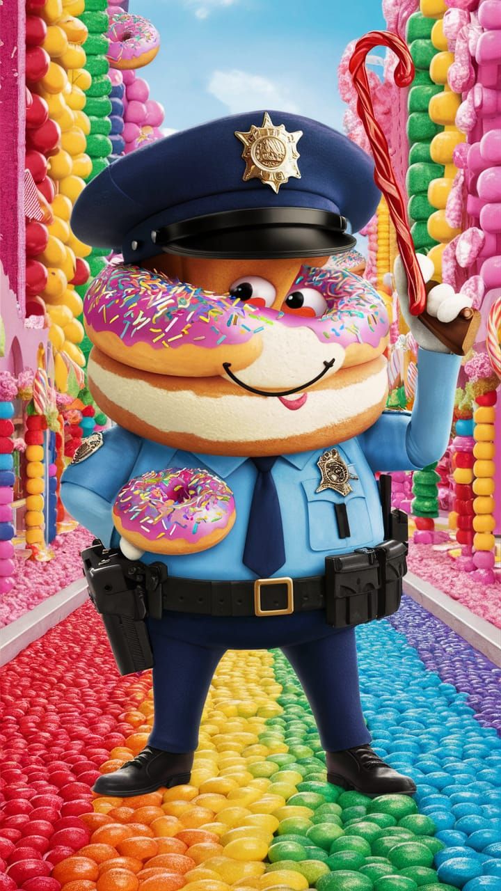 Movie poster of a cool, cute police officer made of donuts holding a ...